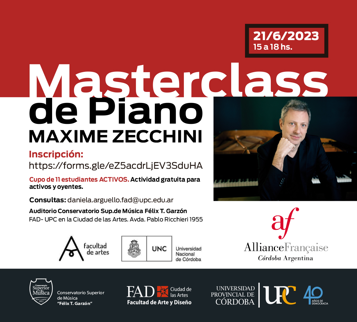 Invitación a la MASTERCLASS del pianista MAXIME ZECCHINI – Prensa UPC
